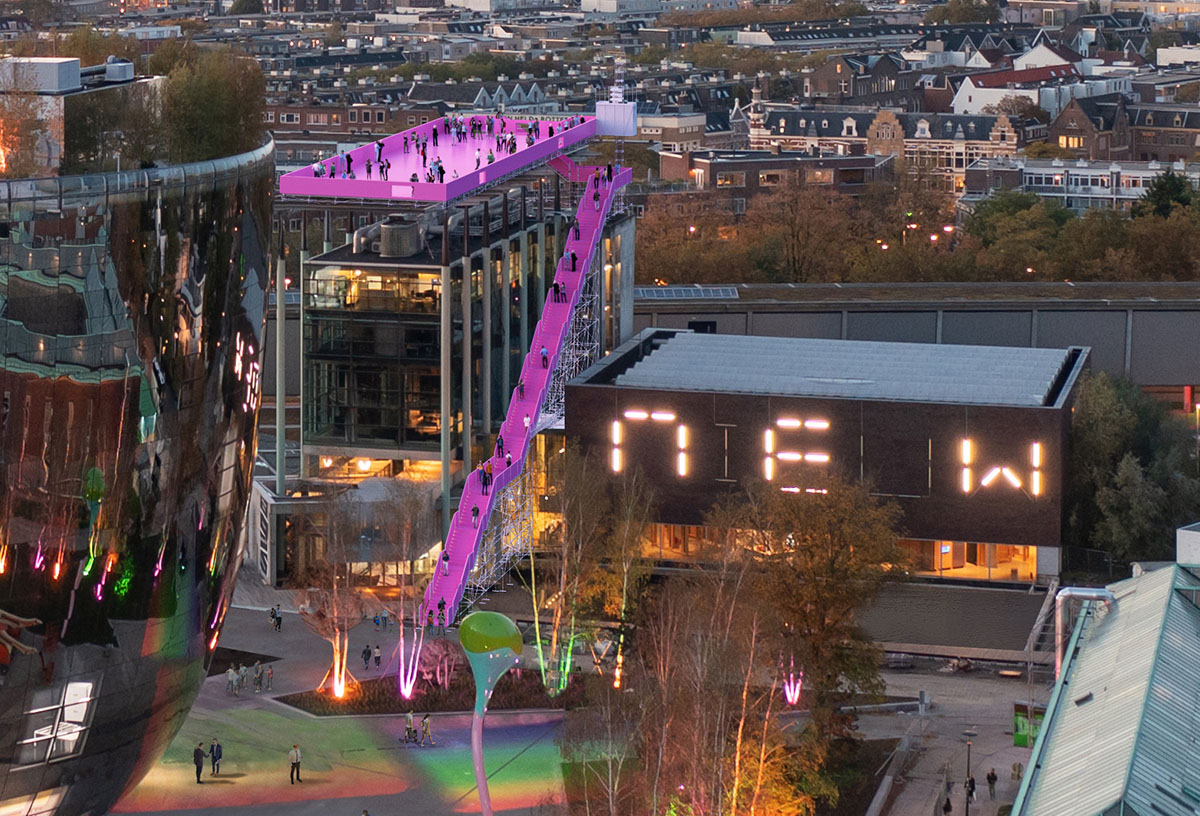 Mvrdv Designs Pink Colored Staircase And Stage On The Roof Of Het