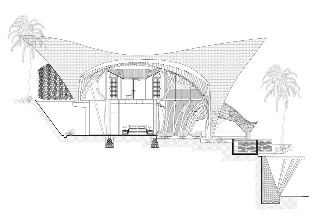 Undulating bamboo roofs wrap this wellness retreat in a lush forest of Bali