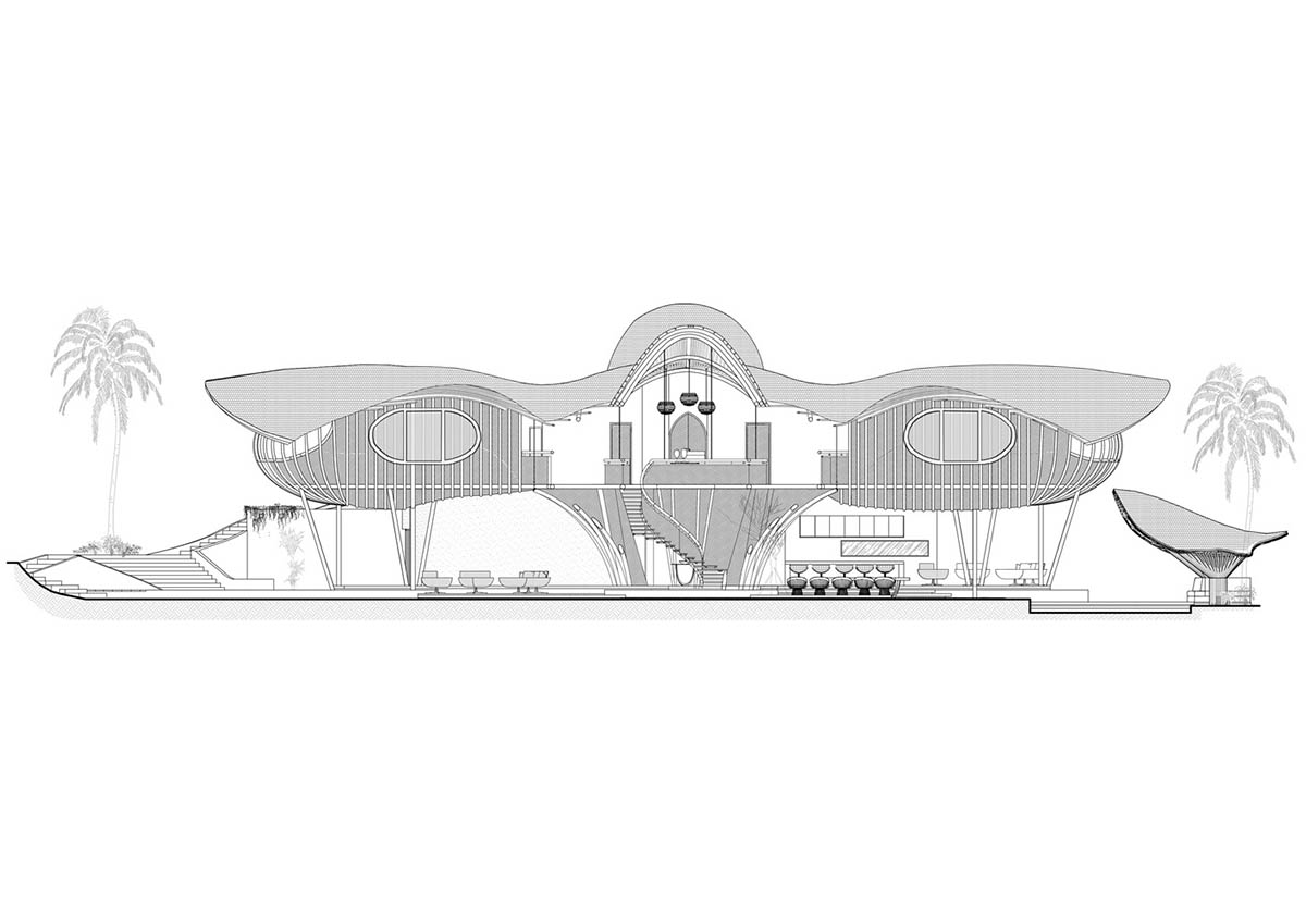 Undulating bamboo roofs wrap this wellness retreat in a lush forest of Bali