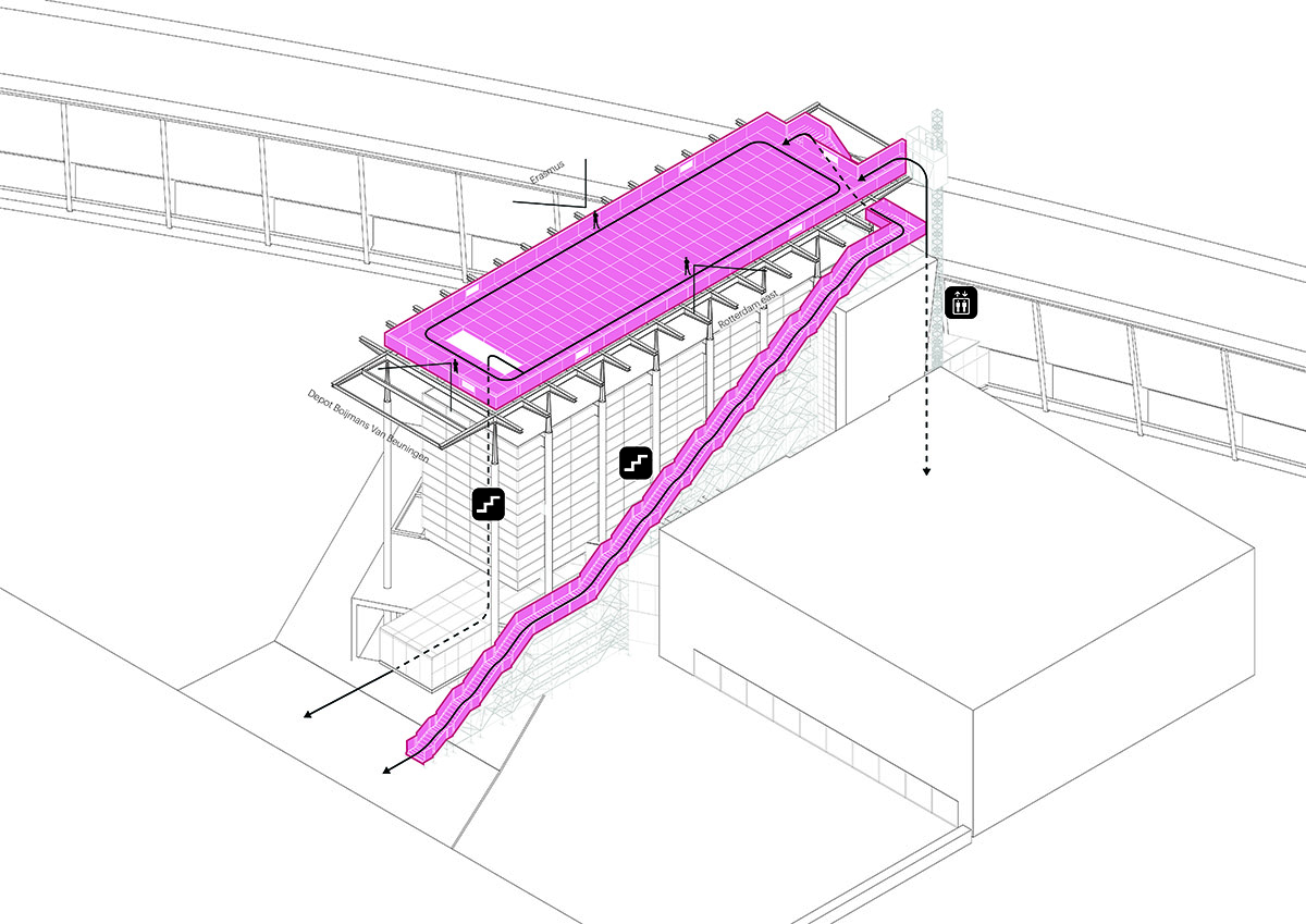 Mvrdv Designs Pink Colored Staircase And Stage On The Roof Of Het