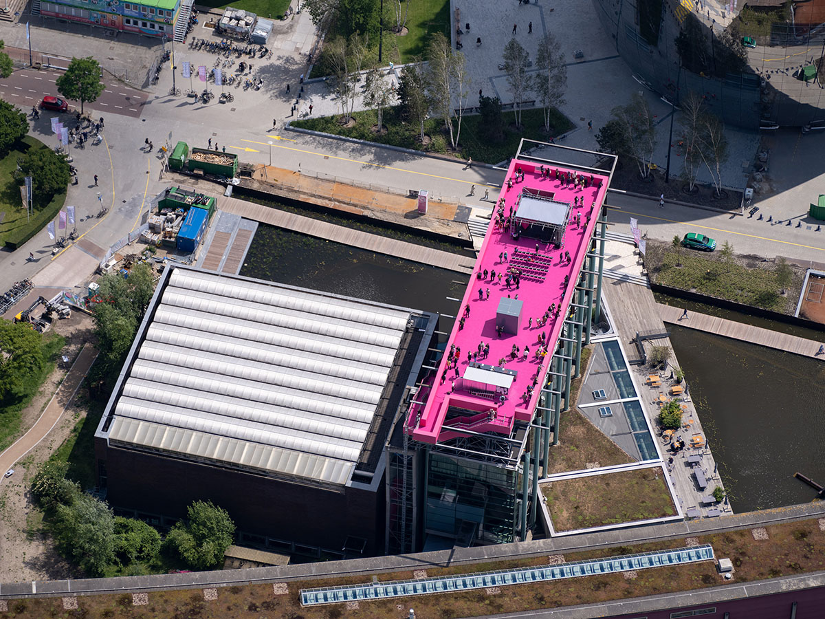 Mvrdv Opens The Podium A Pink Colored Stage Allows To Experience The