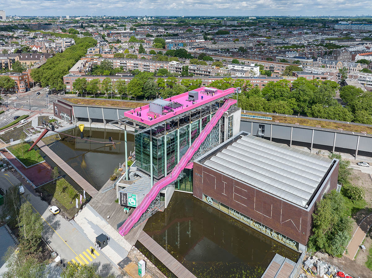 Mvrdv Opens The Podium A Pink Colored Stage Allows To Experience The