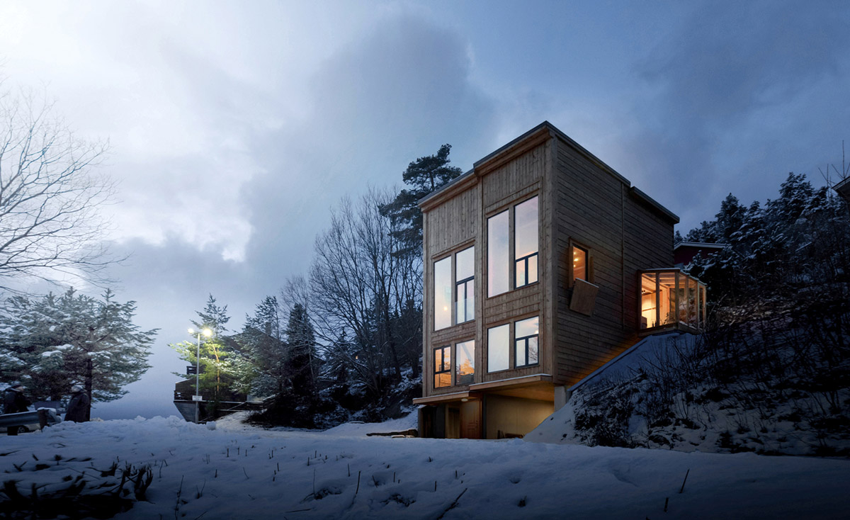 High windows allow users to get well-lit living spaces for this house ...