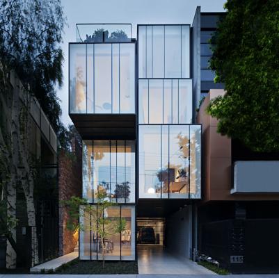 Protruding glass boxes form mixed-use housing in a narrow plot in Melbourne